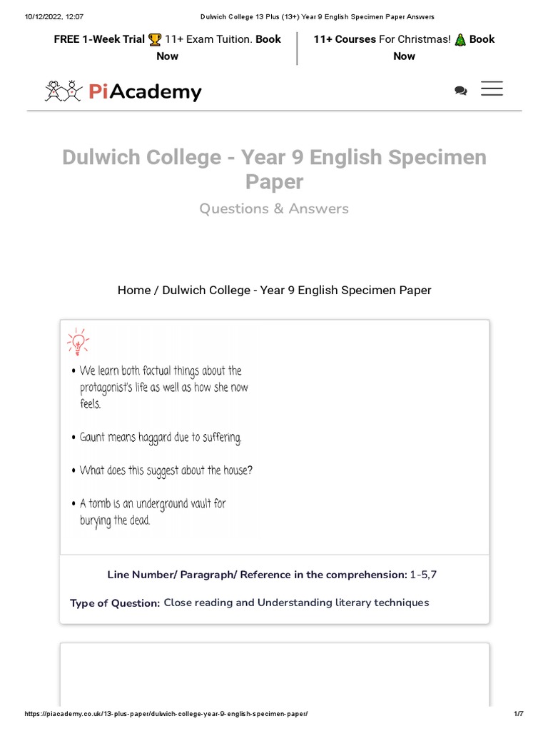 Dulwich College 13 Plus (13+) Year 9 English Specimen Paper Answers ...