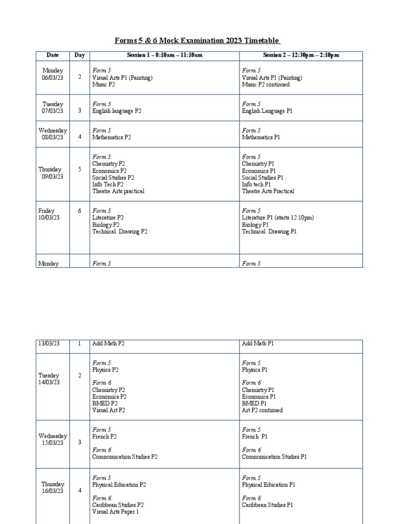 Forms 5 and 6 Mock Examination 2023 Timetable | PDF | Science