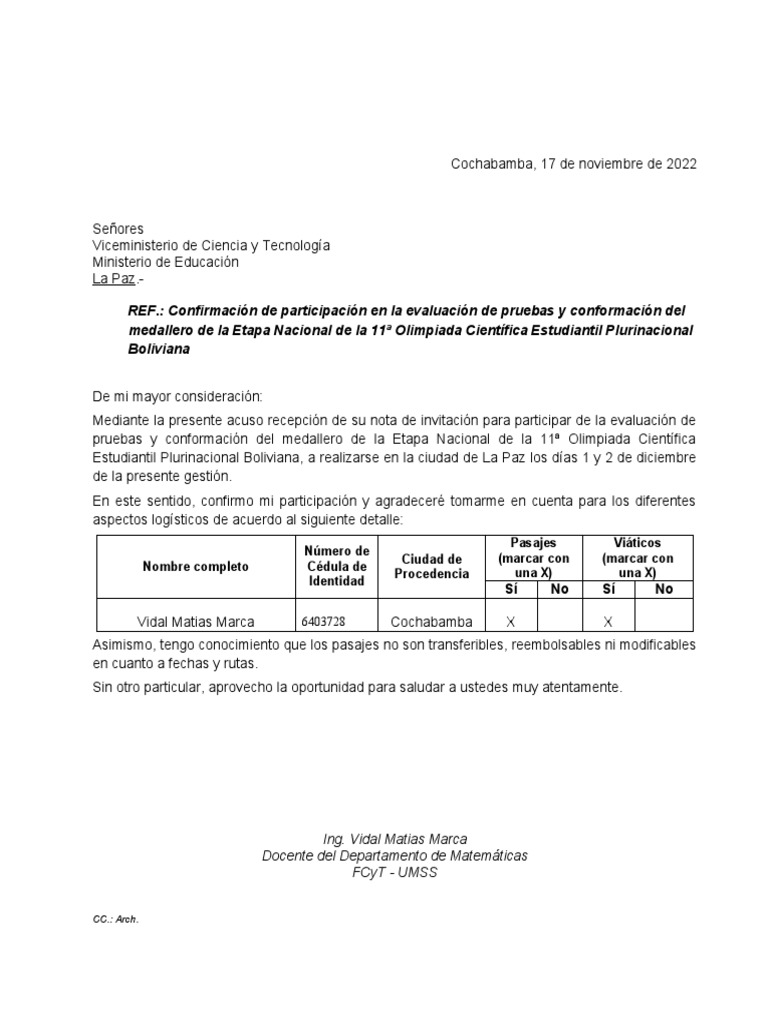 Confirmación para Olimpiada Científica | PDF