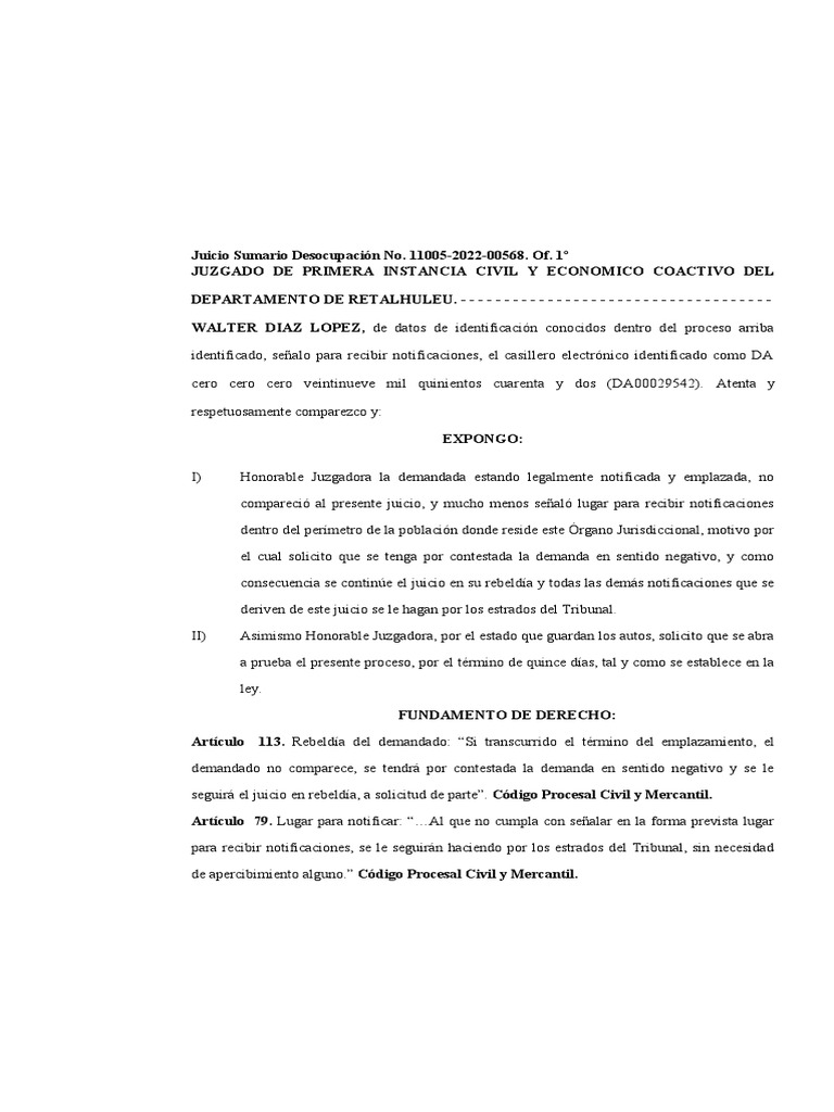 Rebeldía, Prueba Don Walter Diaz | PDF | Demanda judicial | Ley procesal