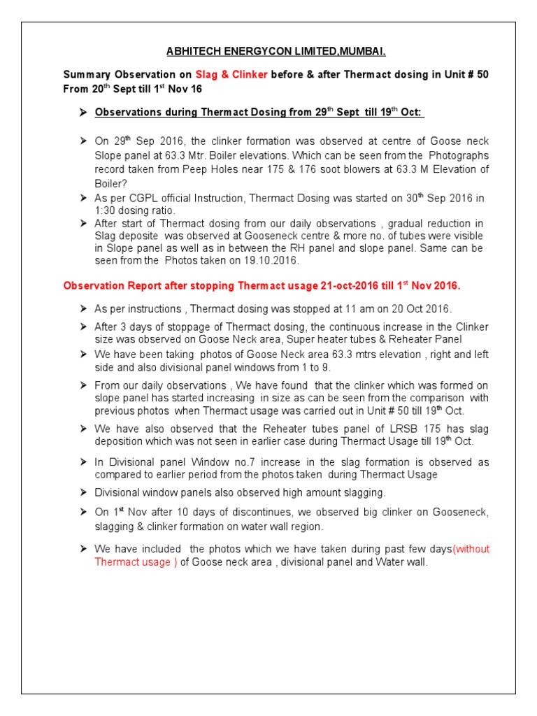 Unit #50 Slag - Clinker Observation REPORT 3rd Nov 16 | PDF