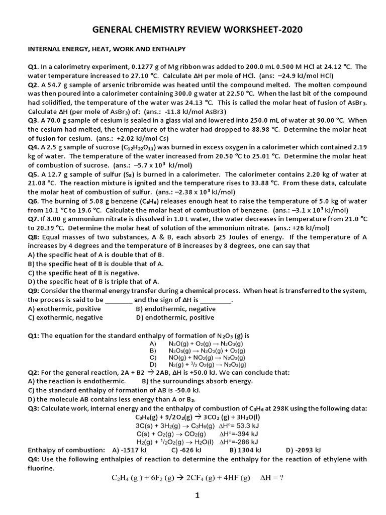 Thermochemistry Review Worksheet 2020 | PDF | Heat | Thermodynamic ...