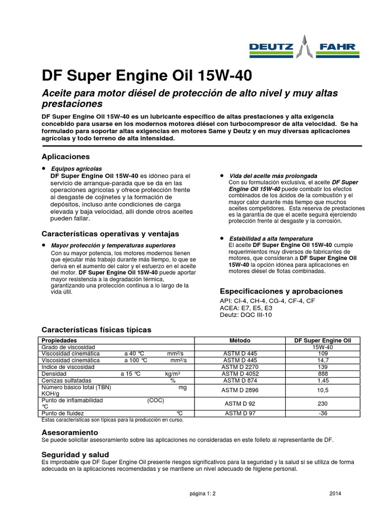 DF Super Engine Oil 15W-40 (2014) ES | PDF | Lubricante | Motor diesel
