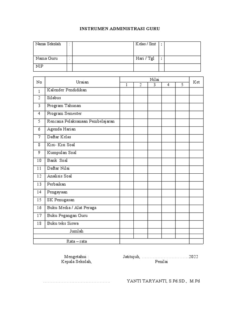 Lampiran 1 Instrumen Administrasi Guru | PDF