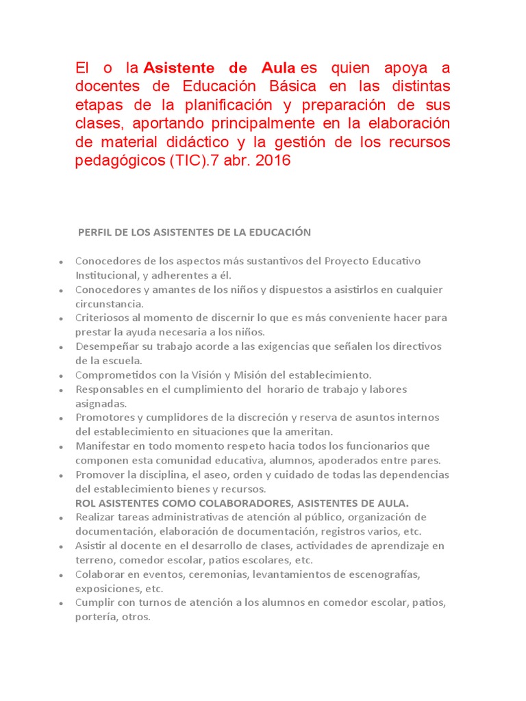 Funciones Asistente Aula | PDF | Maestros | Salón de clases