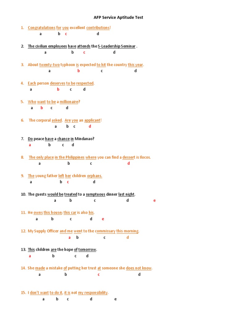 AFP Service Aptitude Test Practice Exam: Identifying Grammar Errors and ...