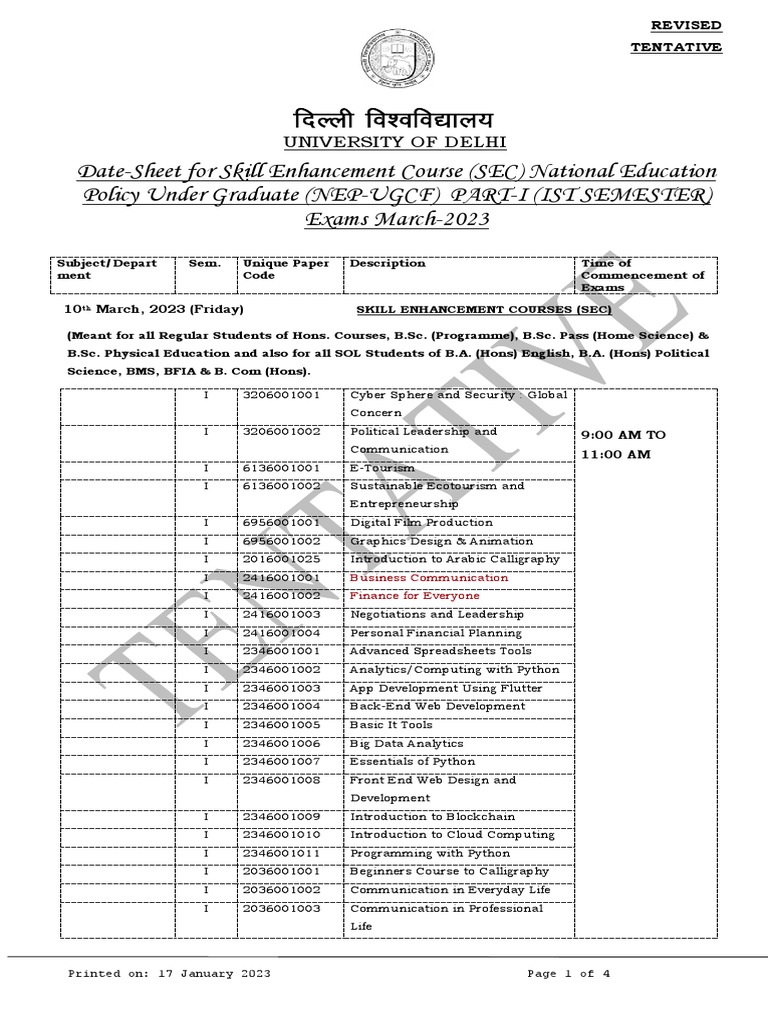 Revised tentative SEC exam dates March 2023 | PDF | Visualization ...