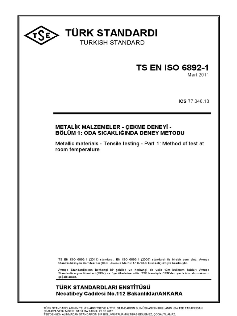 TS en ISO 6892-1 Çekme Testi | PDF