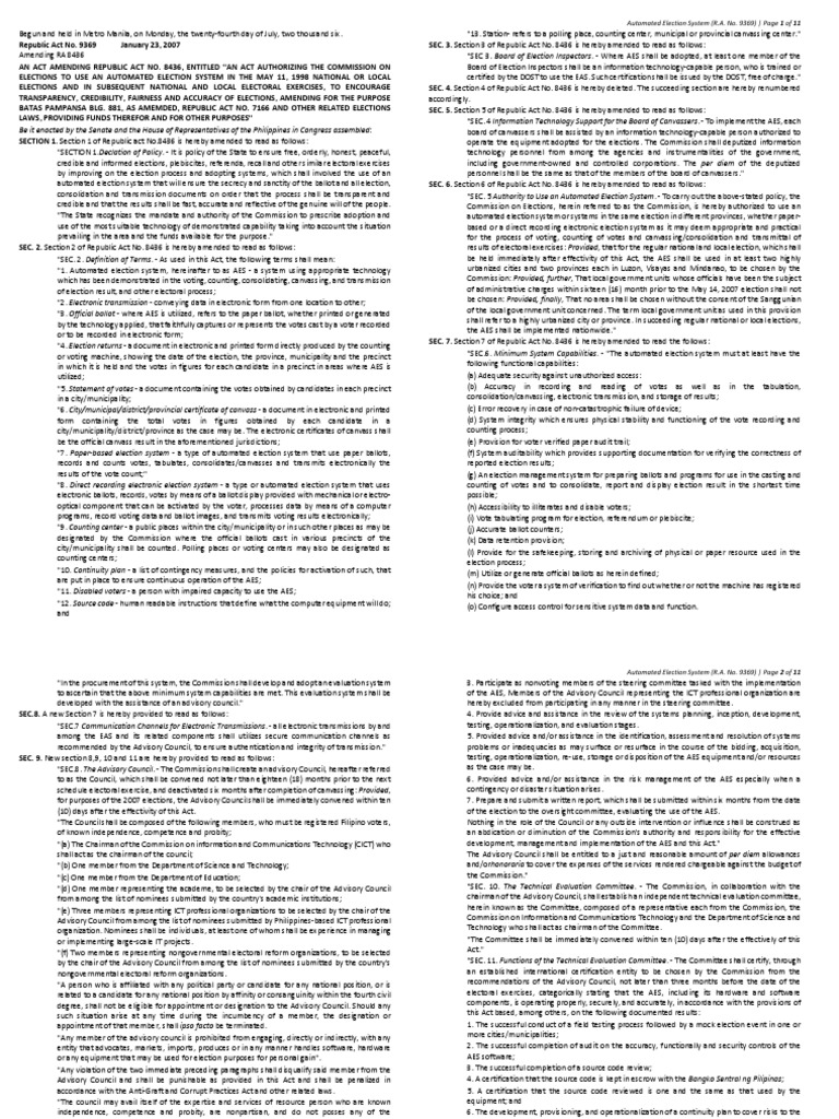 Ra 9369 | PDF | Voting | Elections
