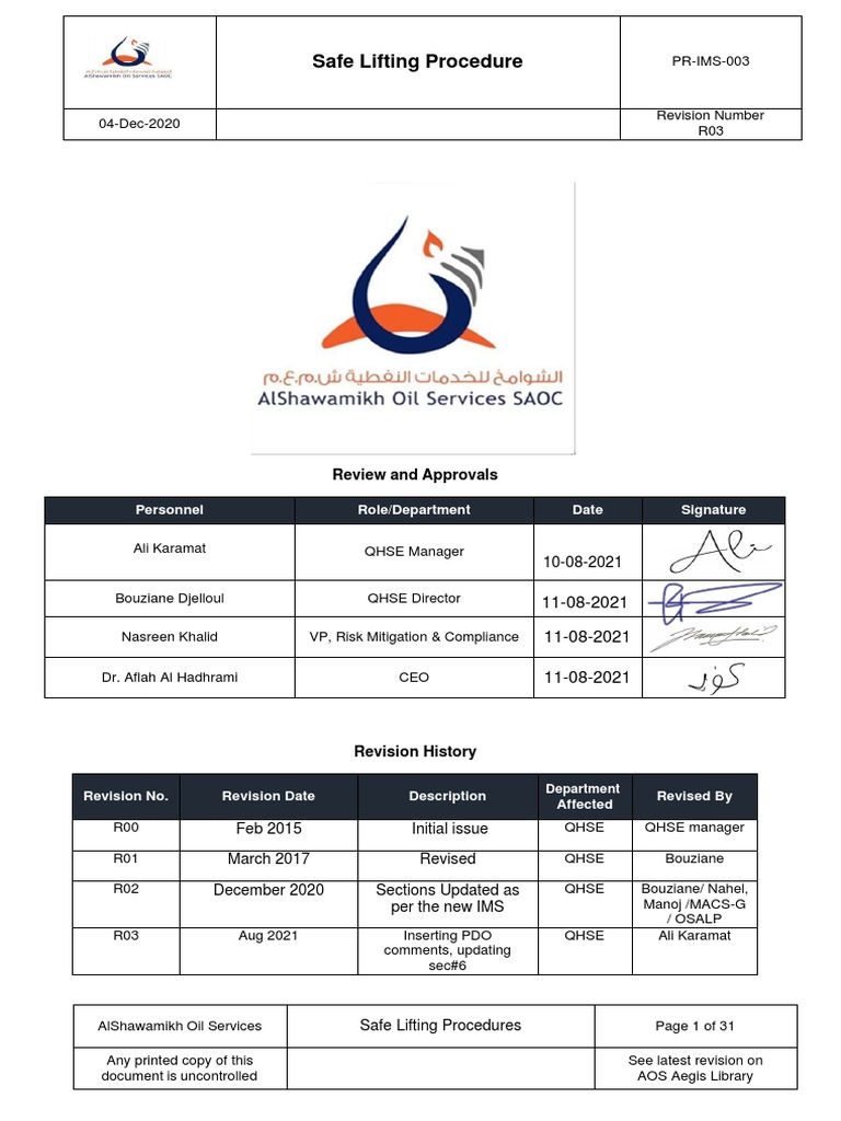PR-IMS-003 Safe Lifting Procedure | PDF | Risk Assessment | Elevator