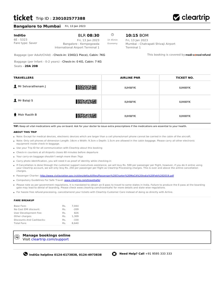 Cleartrip Flight E-Ticket | PDF | Transport | Aviation