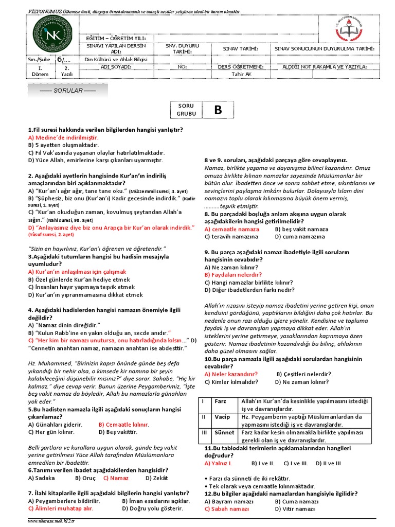 Sinif Din Kulturu 1. Donem 2. Yazili Sorulari Ve Cevaplari 25t | PDF
