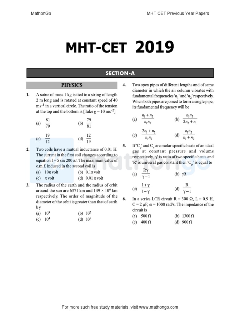 MHT CET 2019 Previous Year Paper | PDF