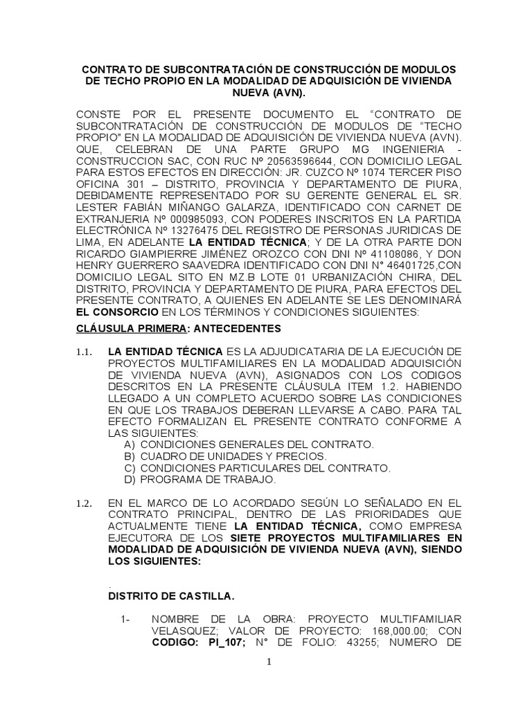 Contrato de Construcción de Modulos de Techo Propio Lesther 27.08.2020 ...