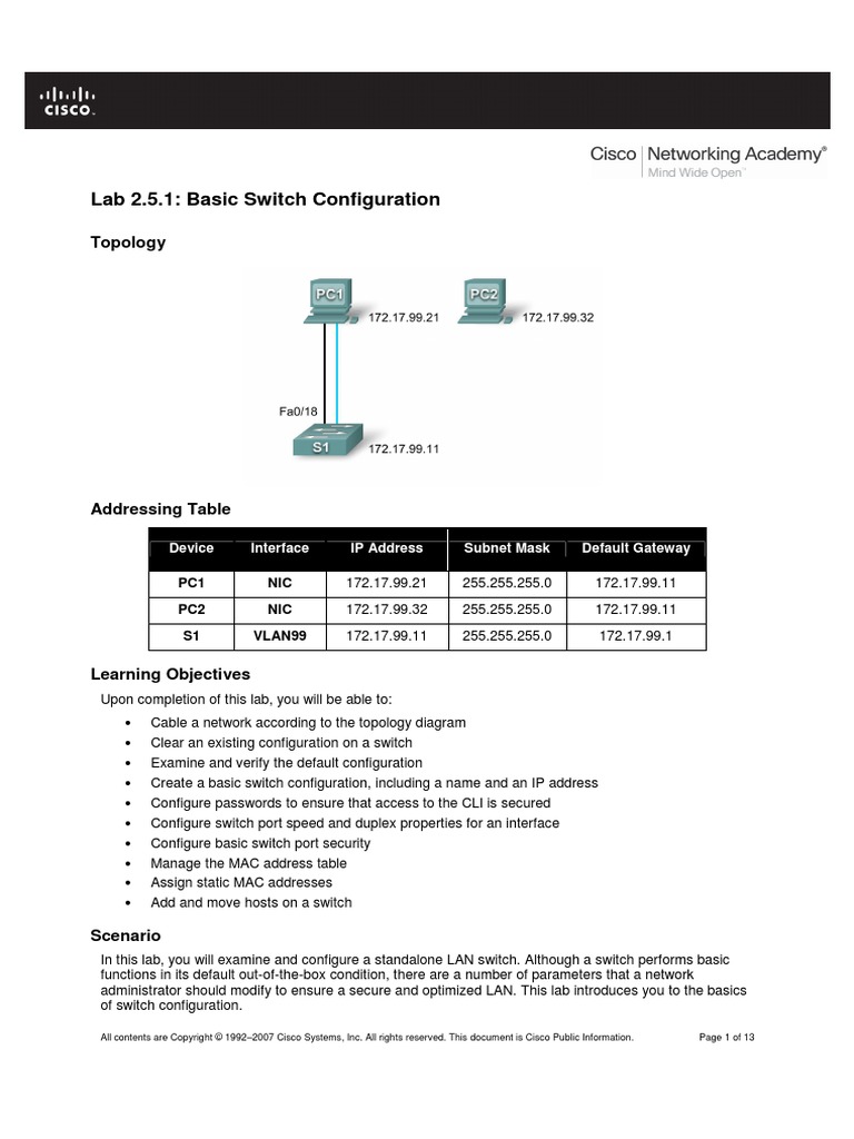 Lab 5 - Basic Switch Configuration | PDF | Network Switch | Cisco ... Lab 5 - Basic Switch Configuration | PDF | Network Switch | Cisco ...