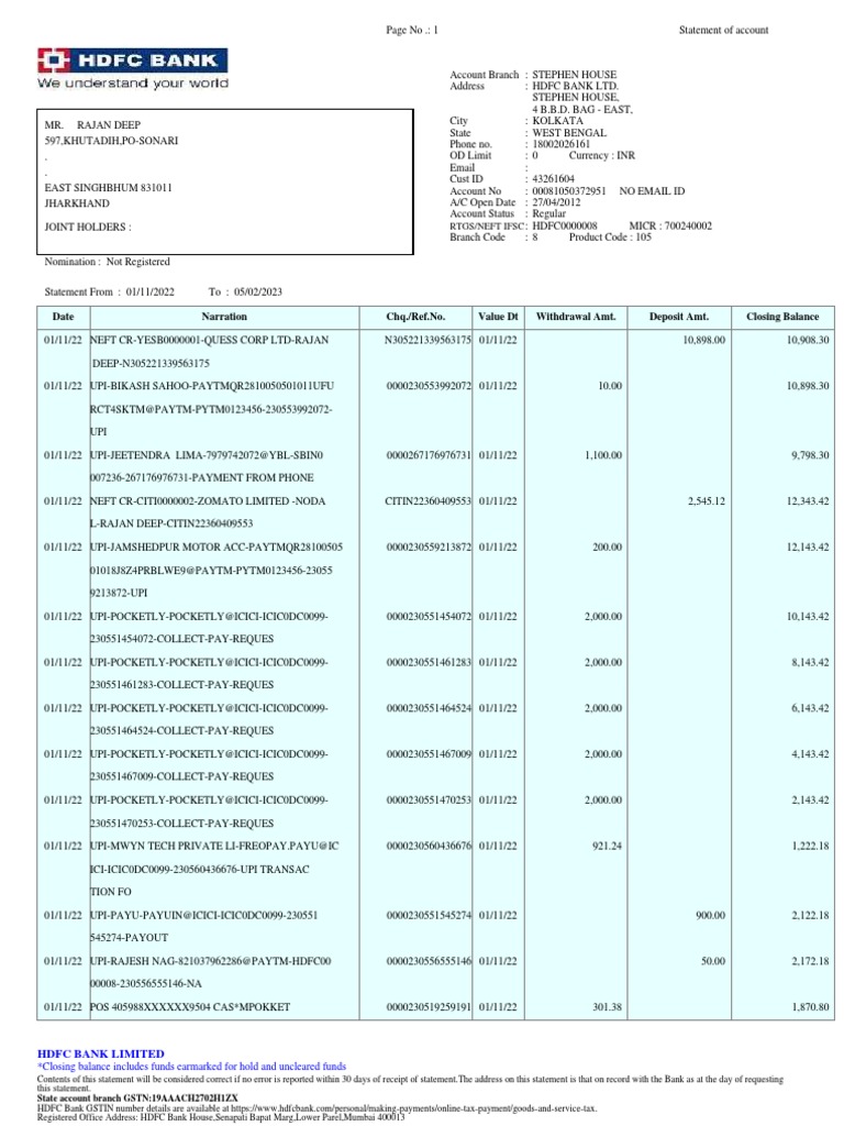 Date Narration Chq./Ref - No. Value DT Withdrawal Amt. Deposit Amt ...