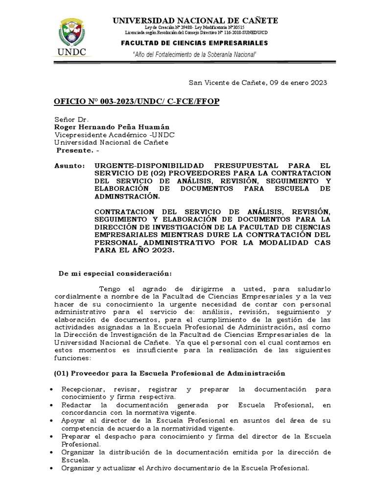 Oficio #003-2023 - Personal Locador | PDF | Negocios | Ciencia y matemáticas