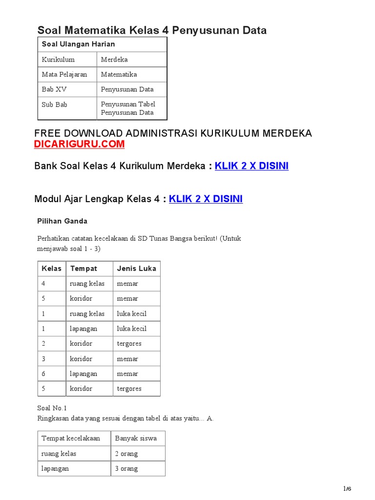 Dicariguru Com Soal Matematika Kelas 4 Penyusunan Data Pdf 1418