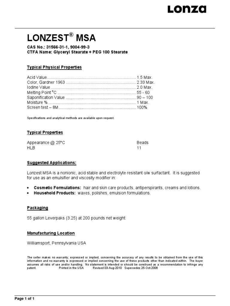 Lonza ProductDataSheets Lonzest MSA PDS 31471 | PDF