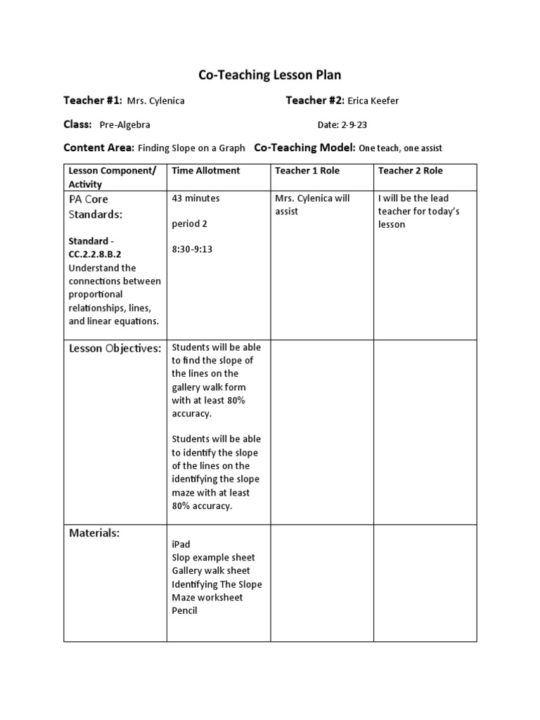 Co-Teaching Lesson Plan: Finding Slope | PDF | Slope | Teachers