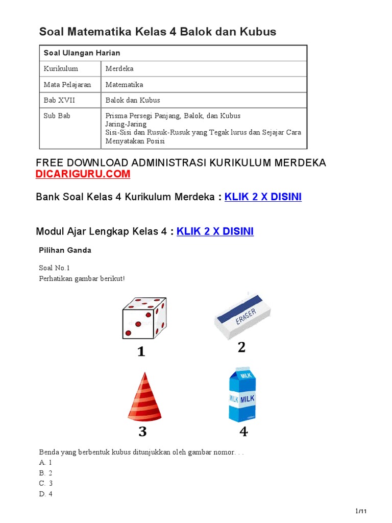 Soal Matematika Kelas 4 Balok Dan Kubus | PDF