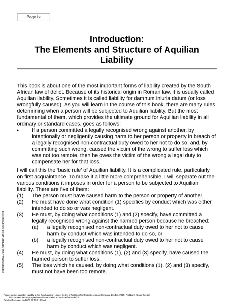Aquilian Liability Book Introduction | PDF | Negligence | Legal Liability