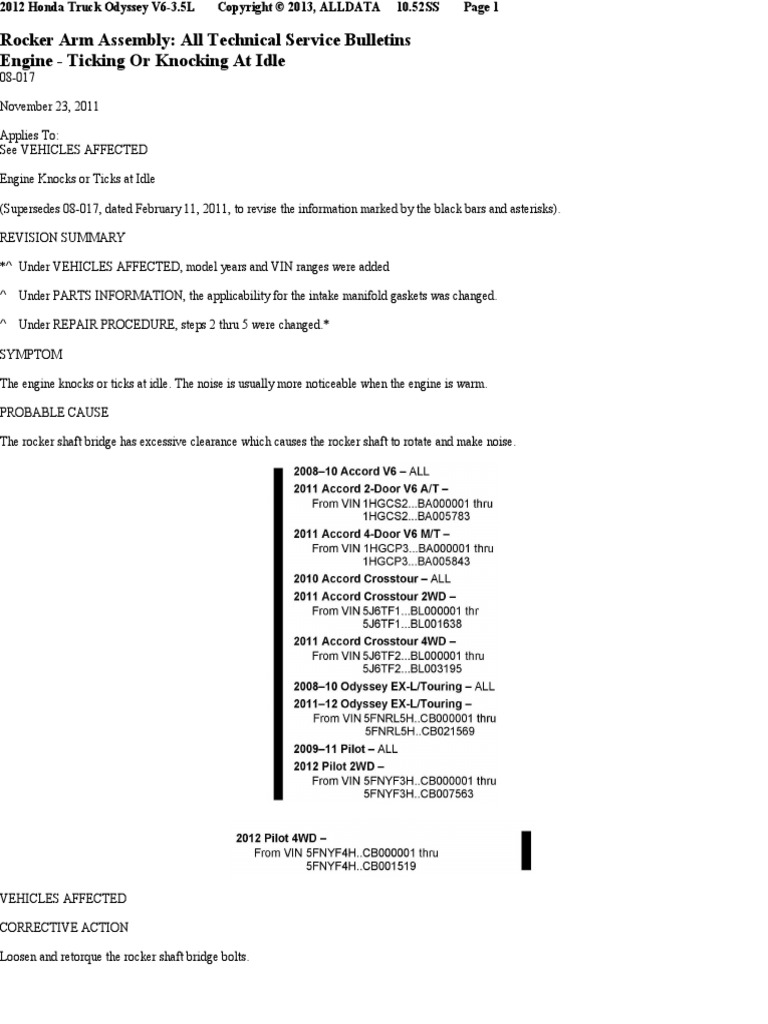 Odyssey 3,5L 2012 J35 Rocker Arm Assembly - Ticking or Knocking at Idle ...