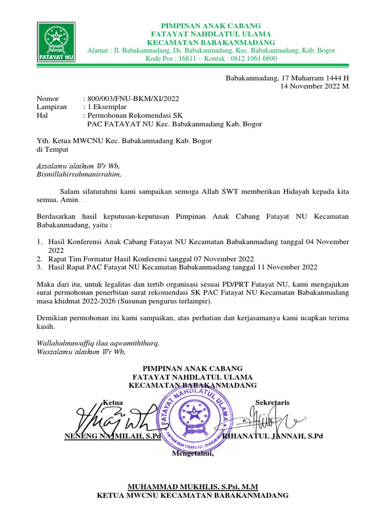 Surat Rekomendasi MWC Nu Babakanmadang | PDF
