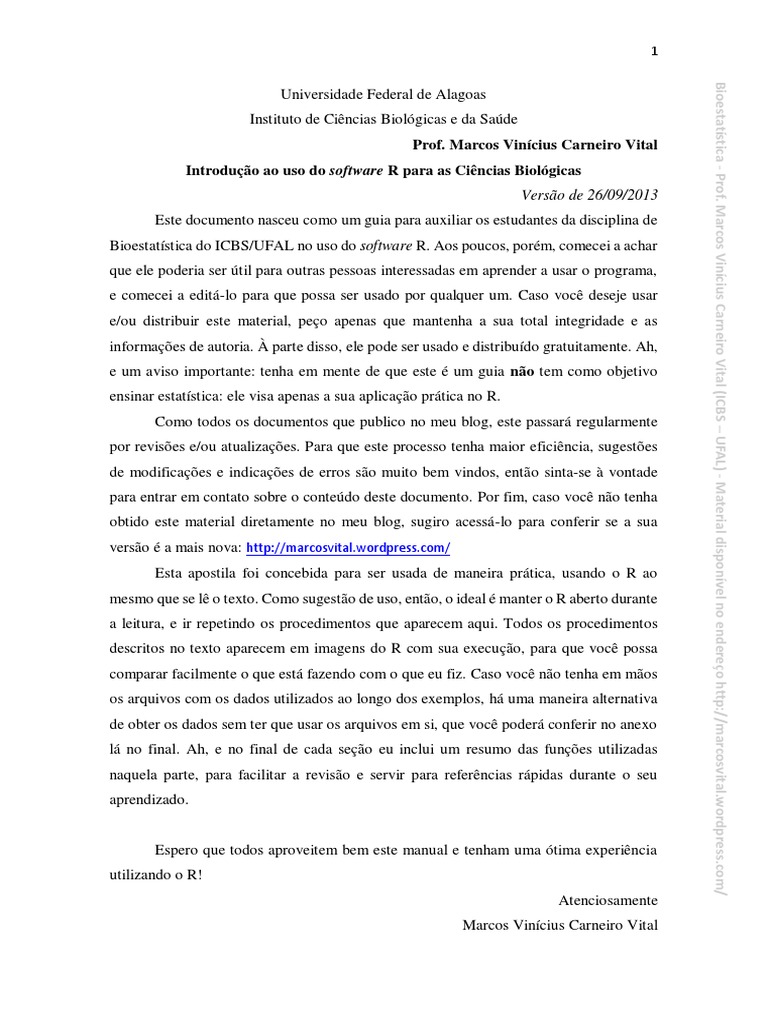 Introdução Ao Software R para Biologia - Marcos Vital UFAL - V26!09 ... Introdução Ao Software R para Biologia - Marcos Vital UFAL - V26!09 ...