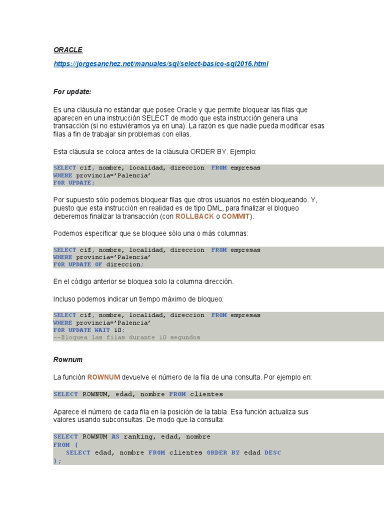 Notas Oracle | PDF | SQL | Programación de computadoras