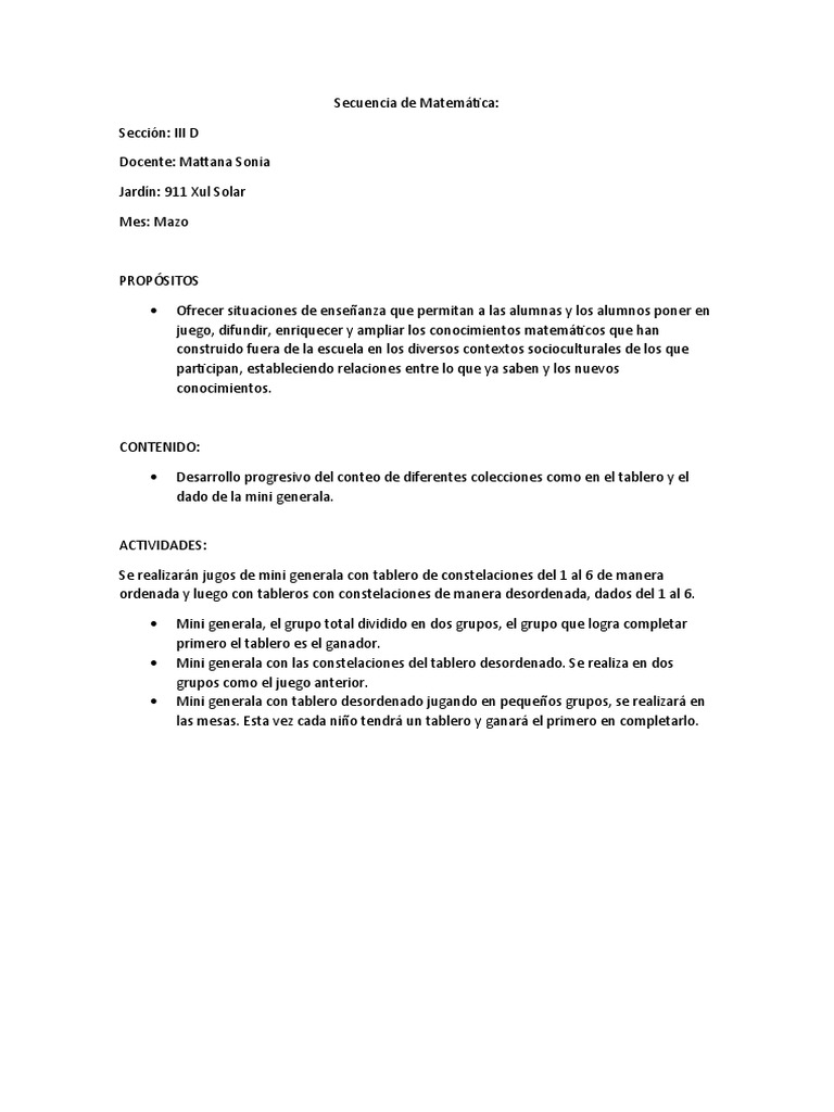 Secuencia De Matemática Mini Generala Conteo Pdf