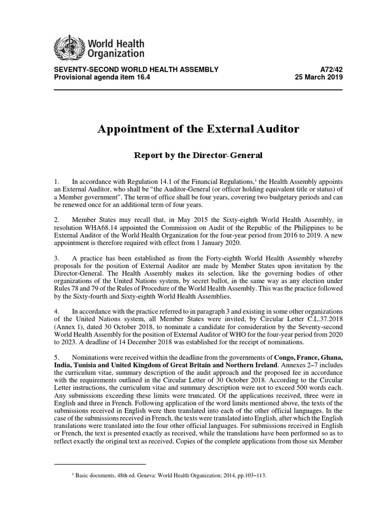 Appointment of The External Auditor: Report by The Director-General | PDF | Audit | Financial Audit