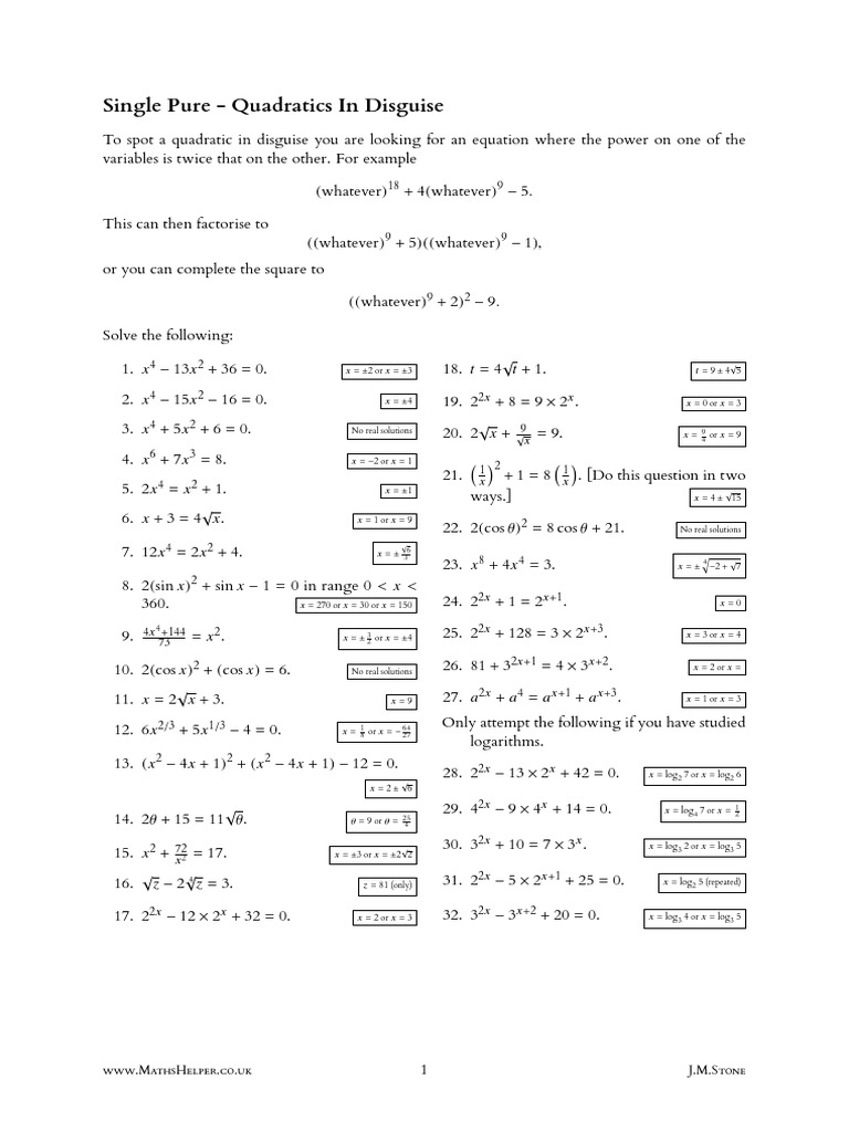 Single Pure - Quadratics in Disguise | PDF | Quadratic Equation ...