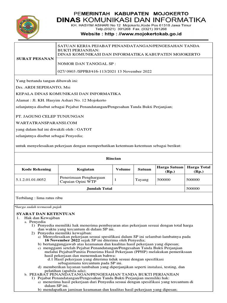 Surat Pesanan Diskominfo Mojokerto | PDF