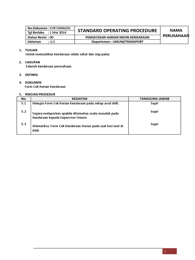 SOP Pengecekan Harian Mesin Kendaraan | PDF