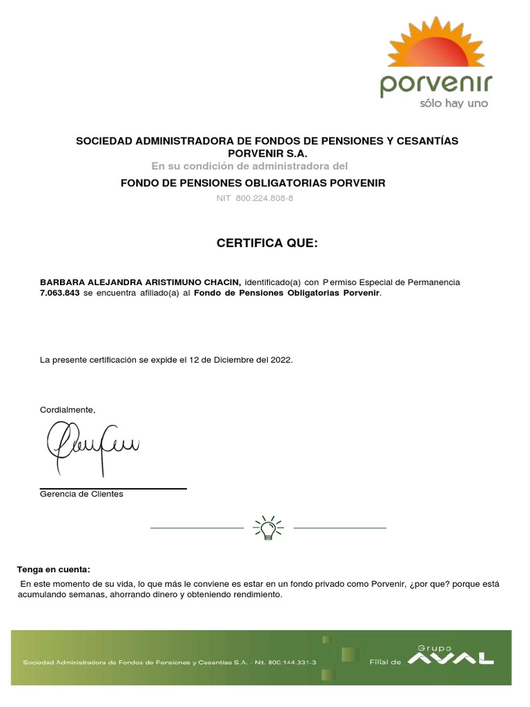 Certificado de Pension y Cesantias | PDF | Finanzas y dinero