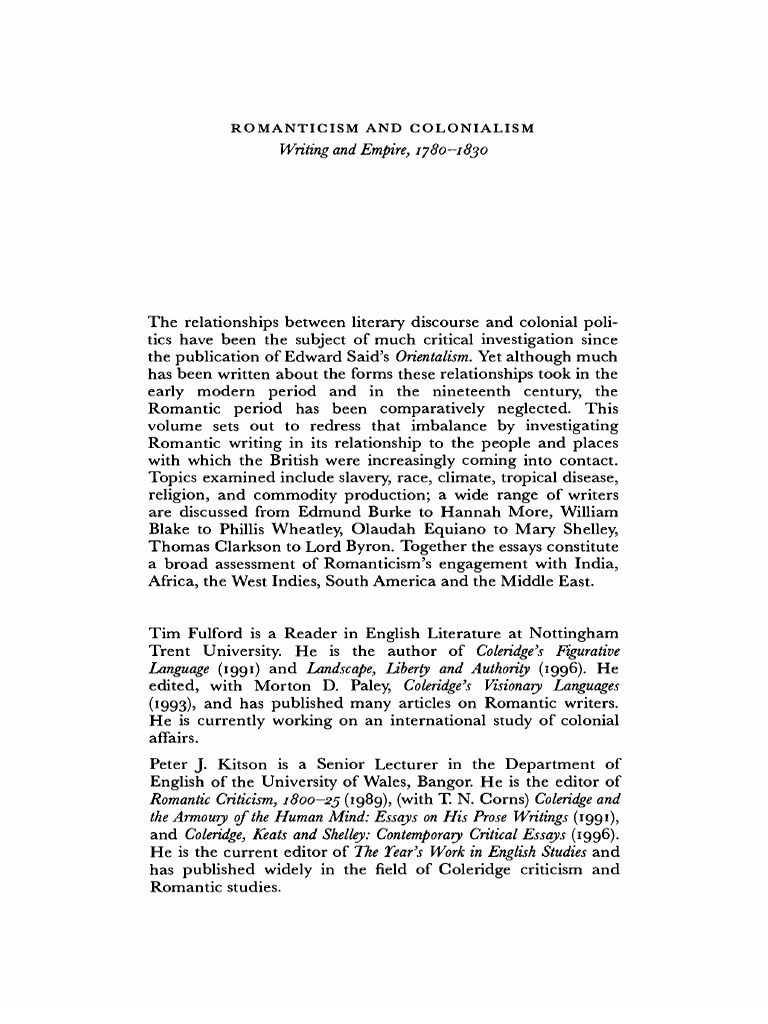 Romanticism and Colonialism Writing and Empire, 1780-1830 (Timothy ...