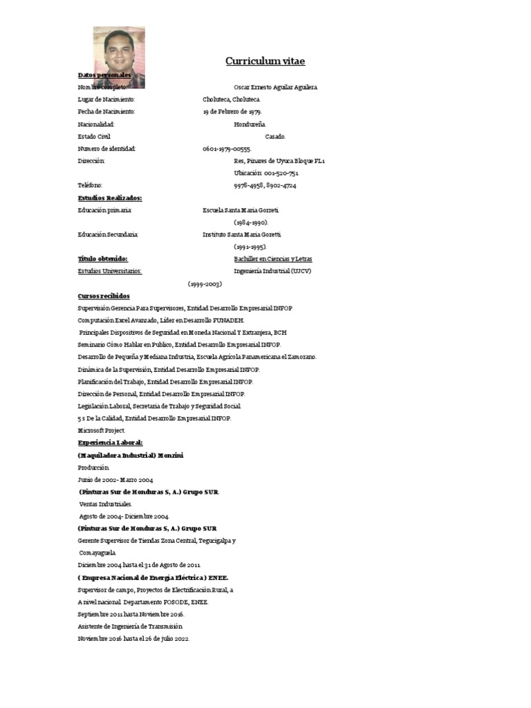 Perfil profesional: Curriculum vitae de Oscar Ernesto Aguilar Aguilera | PDF | Honduras