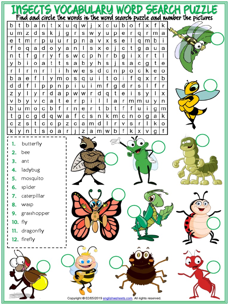 Insects Vocabulary Esl Word Search Puzzle Worksheet For Kids | PDF