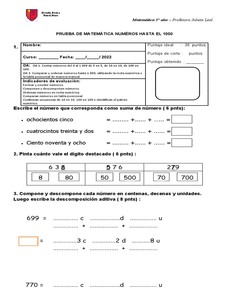Prueba Mate. 3° Numéros hasta 1000 | PDF