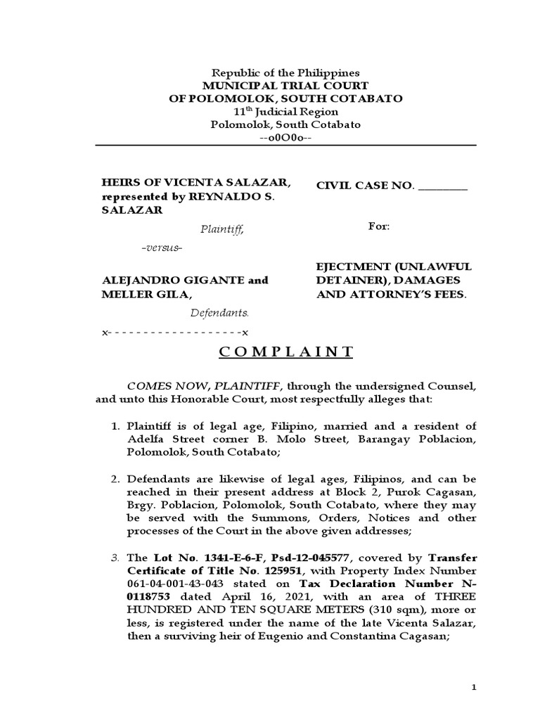 Ejectment Case: Heirs vs. Gigante & Gila | PDF | Complaint | Lawsuit
