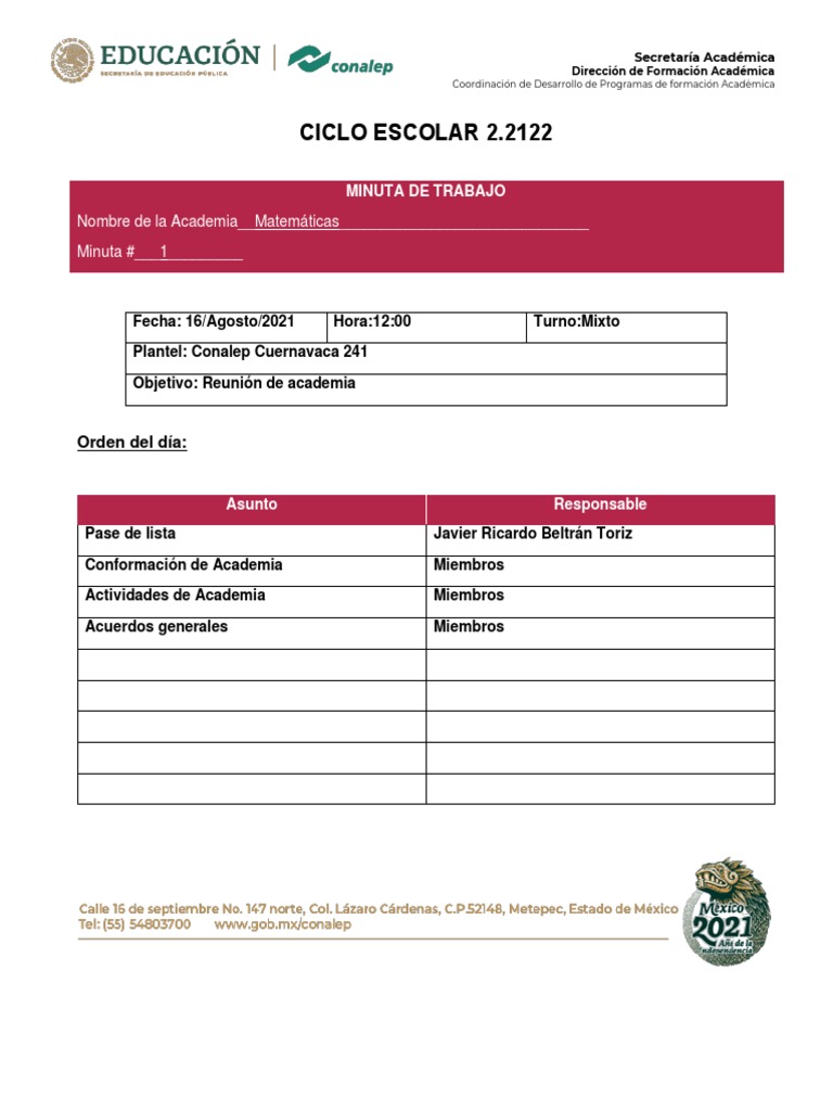 1ra Minuta de Academias Matemáticas | PDF | Aprendizaje