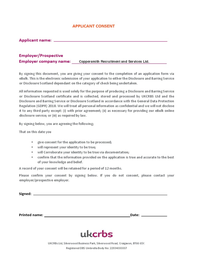 Coppersmith Applicant Consent DBS | PDF