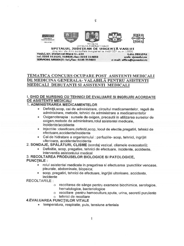 Tematica, Bibliografie, Fisa Post - Concurs Asistent Medical Debutant ...