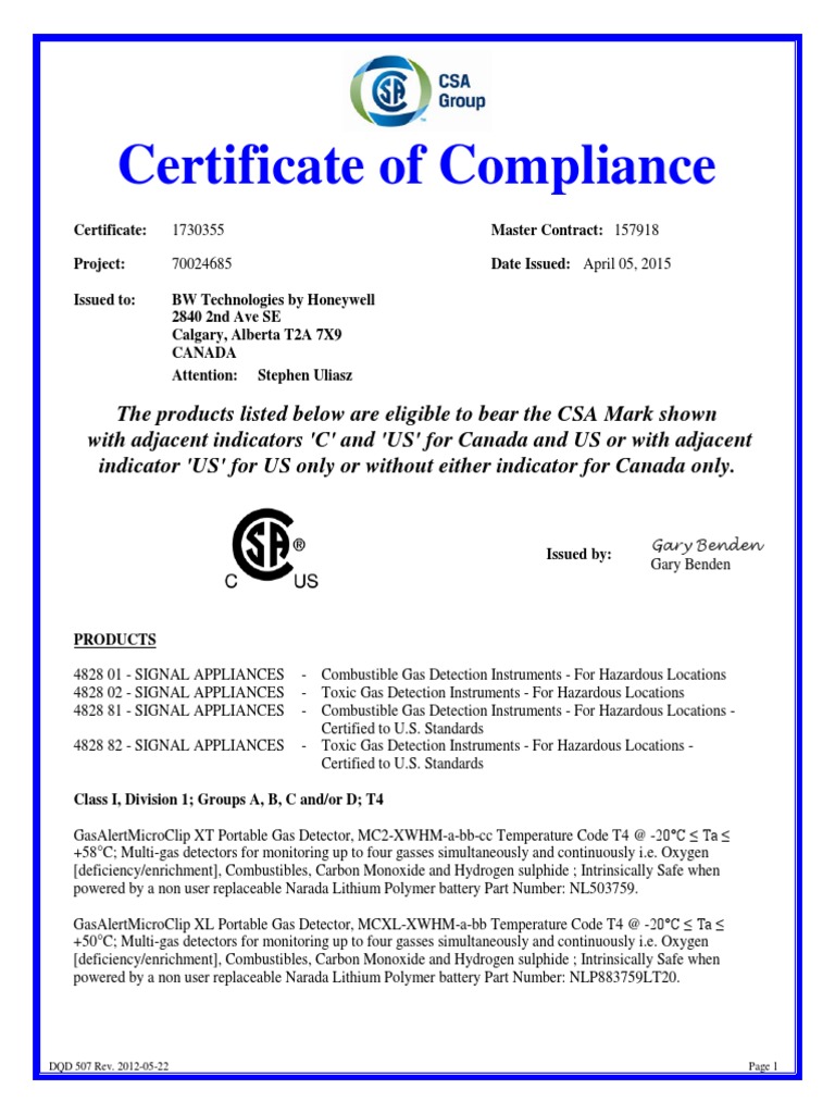 CSA Approval - GasAlertMicroClipSeries1730355 - 1 | PDF | Sensor ...