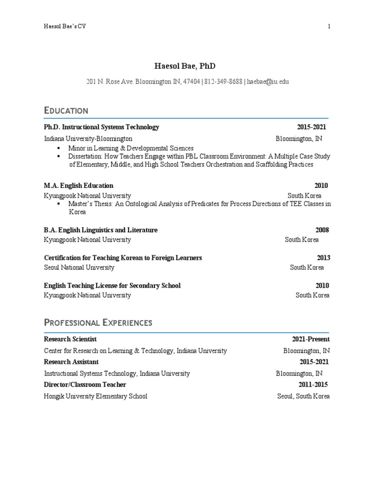 Haesol Bae CV 2023 | PDF | Indiana University Bloomington | Educational Technology