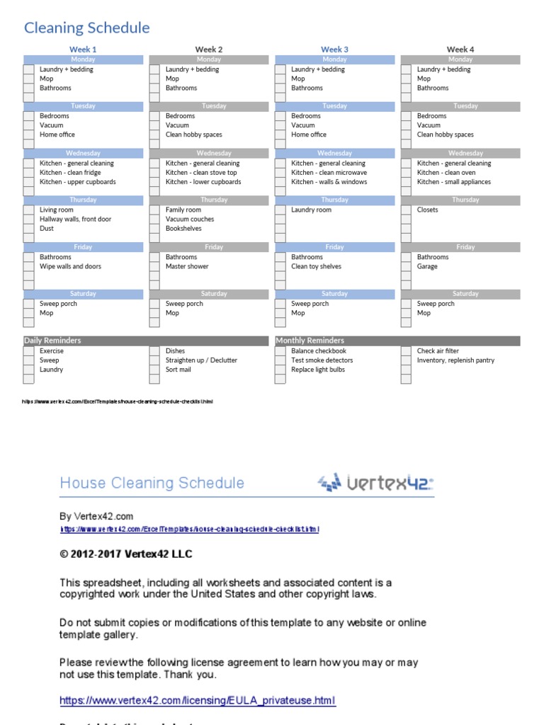 Weekly Home Cleaning Checklist | PDF | Kitchen | Bedroom