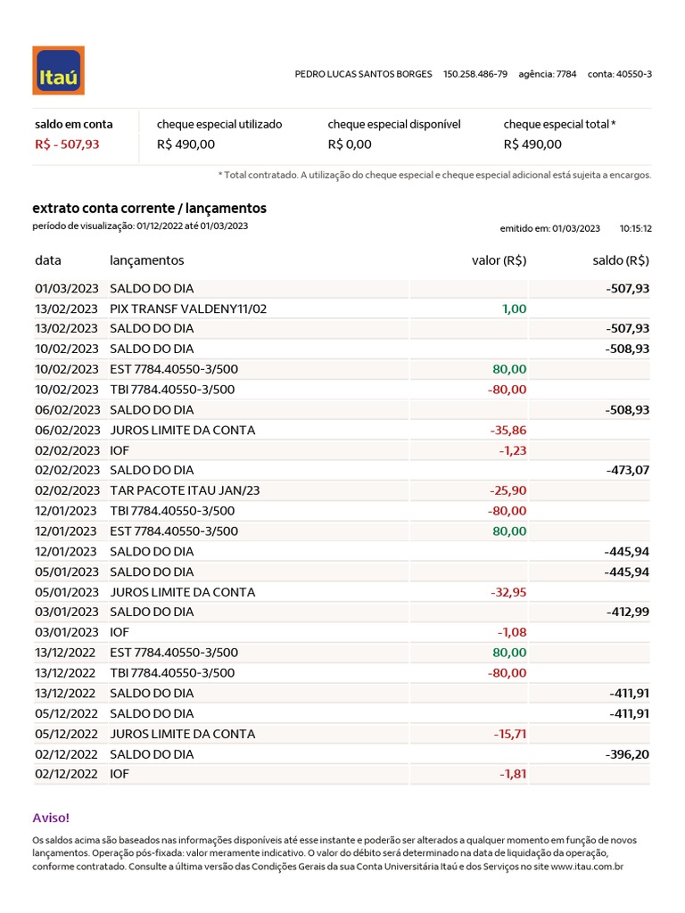 Itau Extrato 122022 | PDF | Cheque (banco) | Conta de transação