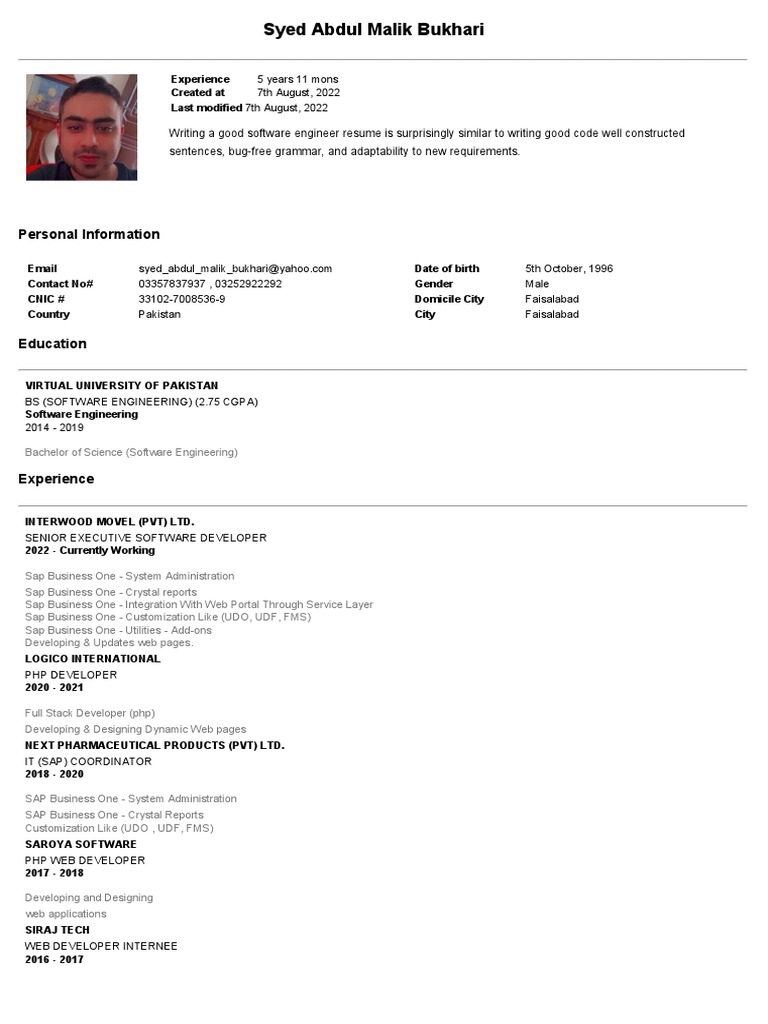 Syed Abdul Malik Bukhari CV | PDF | World Wide Web | Internet & Web