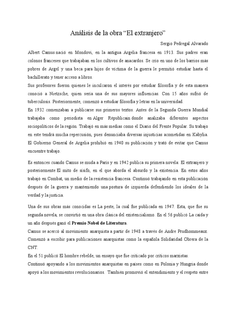 Análisis de La Obra El Extranjero | PDF | Albert Camus